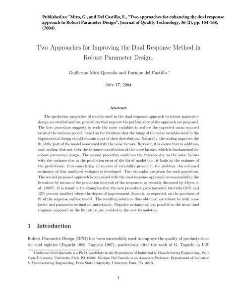 pdf two approaches for improving the dual response method in robust parameter design