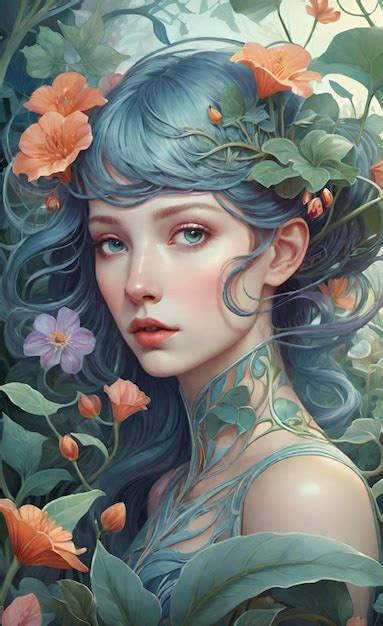 Premium Photo A Painting Of A Woman With Blue Hair And Flowers
