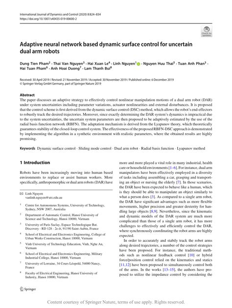 adaptive neural network based dynamic surface control for uncertain dual arm robots request pdf