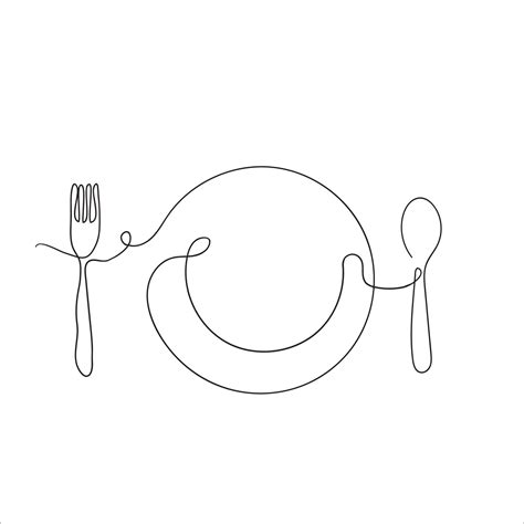 Hand Drawn Doodle Fork Plate And Spoon Illustration In Continuous Line