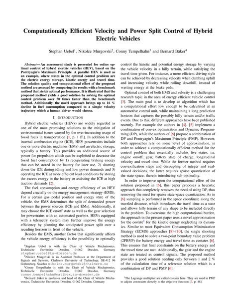 pdf computationally efficient velocity and power split control of hybrid electric vehicles