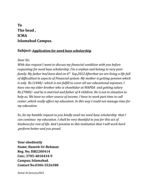 Schloarship Application To The Head ICMA Islamabad Campus Subject