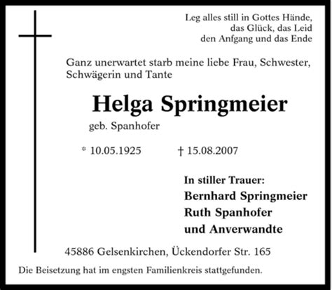Trauer Und Todesanzeigen Von Helga Springmeier Trauer De