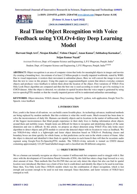 Pdf Real Time Object Recognition With Voice Feedback Using Yolov