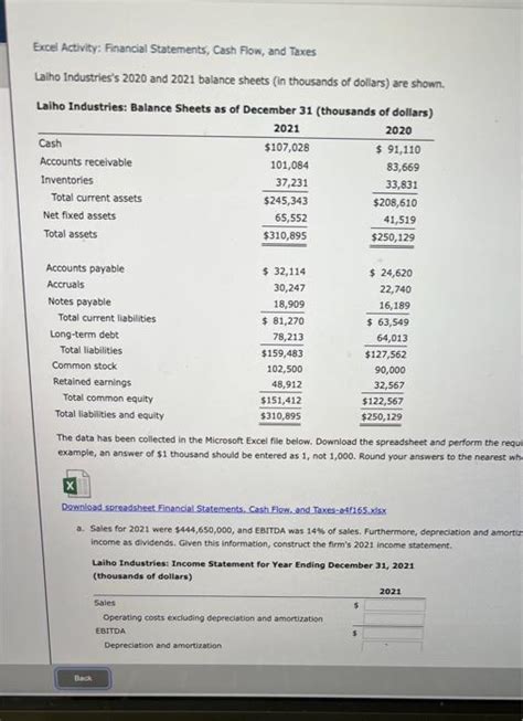 Excel Activity Financial Statements Cash Flow And Chegg