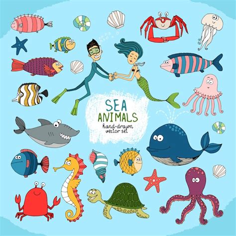 Establecer Dibujos Animados Dibujados A Mano Vida Marina Vector Gratis
