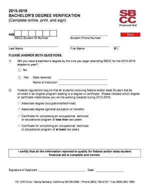 Fillable Online Sbcc BACHELOR S DEGREE VERIFICATION Fax Email Print