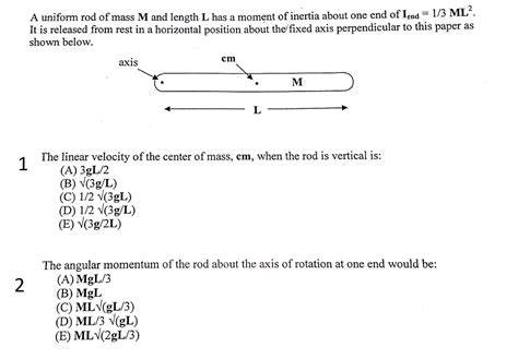 Solved A Uniform Rod Of Mass M And Length L Has A Moment Of Chegg