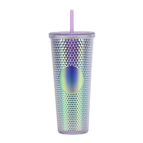 24 Oz Double Wall Plastic Matte Studded Tumbler With Lid And Straw