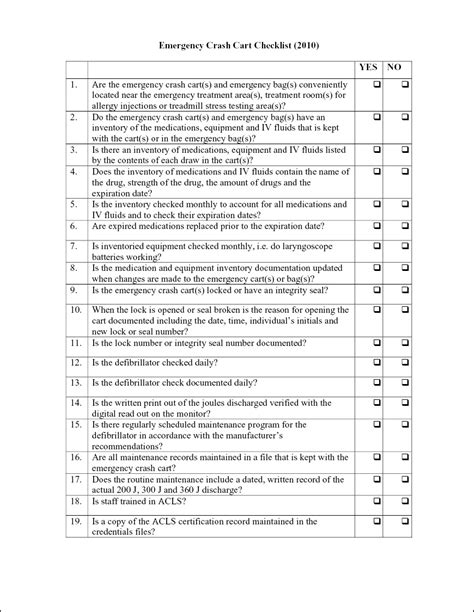 Pediatric Crash Cart Checklist Template