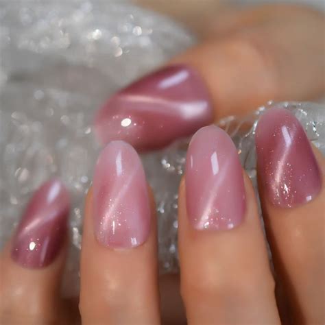 Naipin Fantasy Pink Cat Eye False Nails Medium Oval Top Galaxy