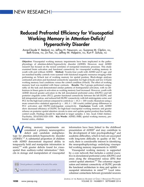 pdf reduced prefrontal efficiency for visuospatial working memory in attention deficit