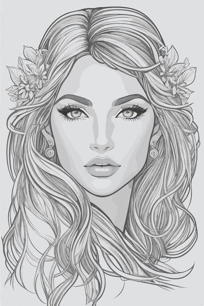 Um esboço de uma linda garota flores no cabelo Vetor Premium