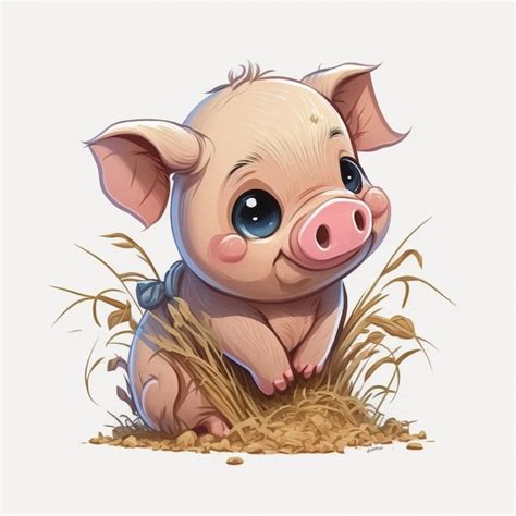Cerdo De Dibujos Animados Sentado En La Hierba Con Grandes Ojos Azules
