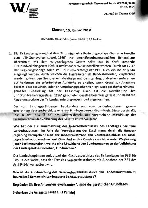 Klausur Jänner 2018 Verfassungsrecht Studocu