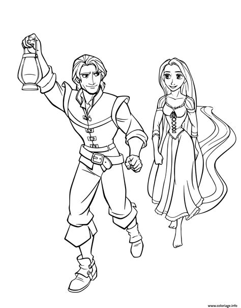 Coloriage Flynn Rider Et Raiponce Ensemble Entrain De Marcher Avec Une
