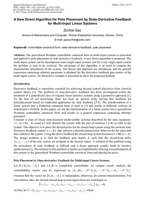 a new direct algorithm for pole placement by state derivative feedback for multi input linear