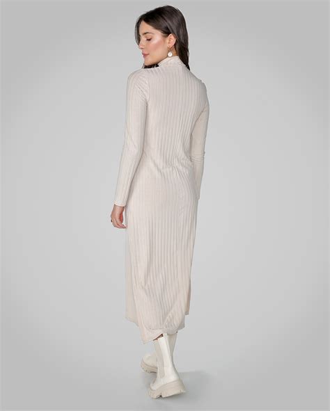 Riachuelo Vestido Midi Feminino Reto Gola Alta Malha Canelada Bege AK