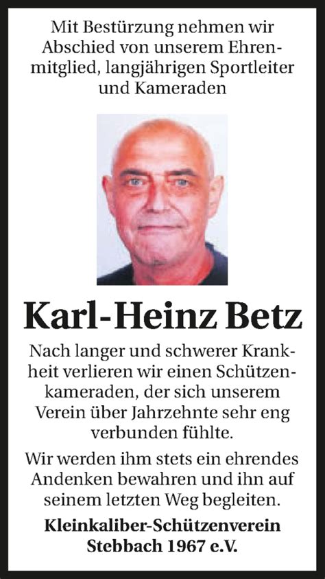 Traueranzeigen Von Karl Heinz Betz Trauerundgedenken De