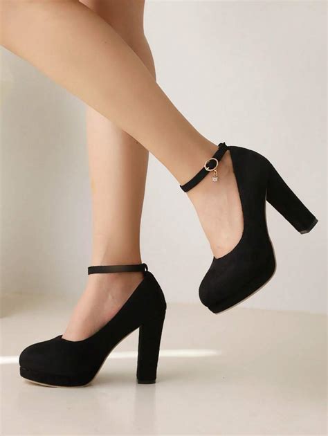 Elegant Black Pumps For Women Rhinestone Decor Platform Chunky Heeled