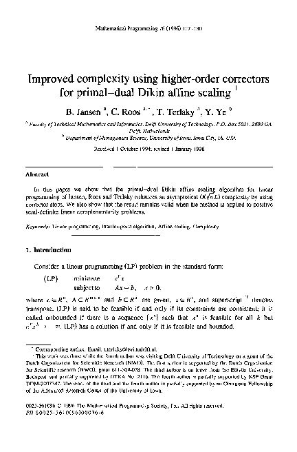 pdf improved complexity using higher order correctors for primal dual dikin affine scaling c