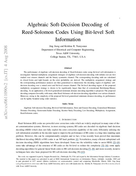 pdf algebraic soft decision decoding of reed solomon codes using bit level soft information