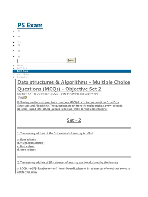 ps exam data structures and algorithms multiple choice questions mcqs objective set 2 pdf