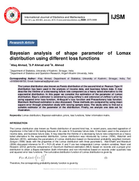 pdf bayesian analysis of shape parameter of lomax distribution using different loss functions