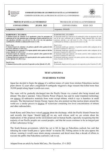 Examen de Inglés de la Comunidad Valenciana PAU de 2023 Descargar