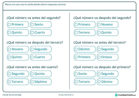 Ficha de números ordinales para primaria