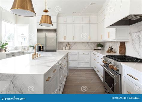 Outfit Modern White Kitchen With Marble Countertops And Stainless Steel