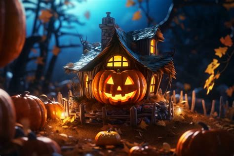 Scary Pumpkin And House In Night Of Full Moon On Halloween Celebration