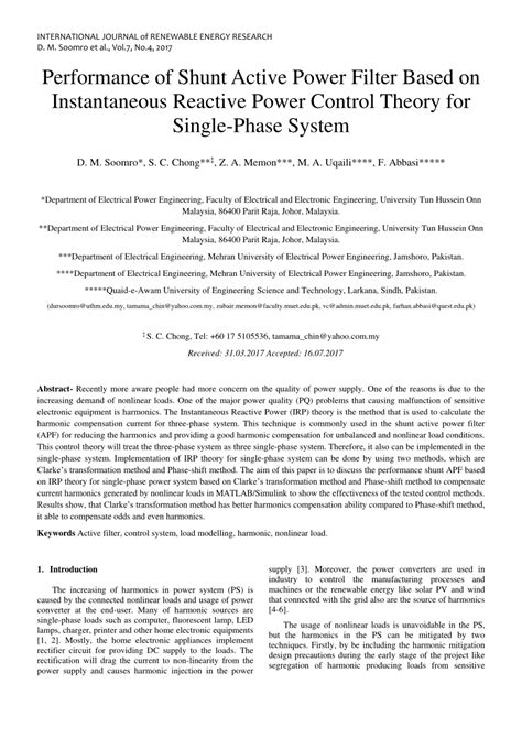 pdf performance of shunt active power filter based on instantaneous reactive power control