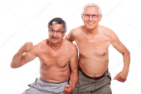 Gl Ckliche Nackte Senioren Zeigen K Rper Stockfotografie Lizenzfreie