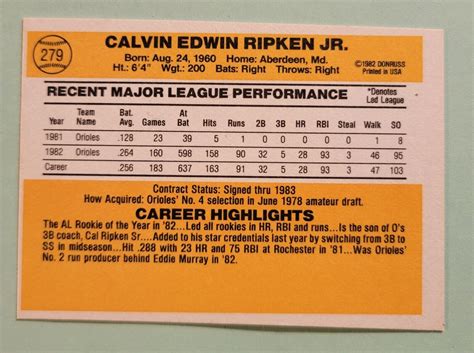 Cal Ripken Jr 1983 Donruss 279 Baltimore Orioles EBay