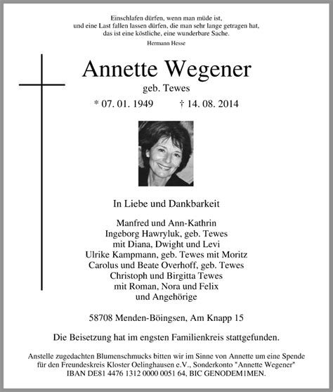 Traueranzeigen Von Annette Wegener Trauer In NRW De