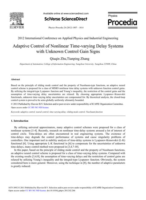 pdf adaptive control of nonlinear time varying delay systems with unknown control gain signs