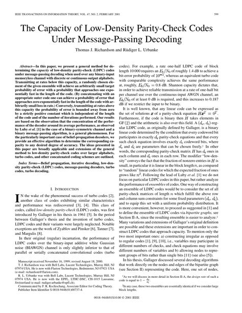 pdf the capacity of low density parity check codes under message passing decoding