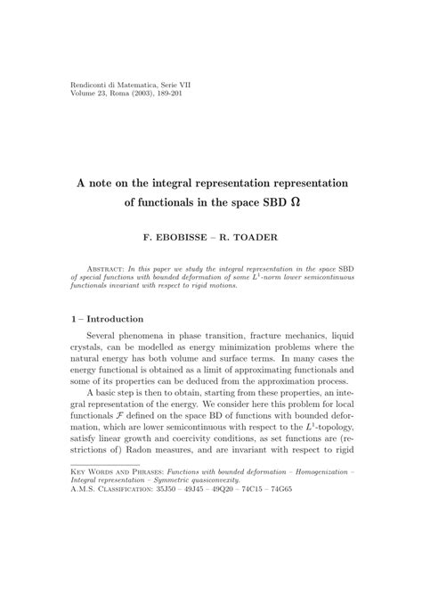 pdf a note on the integral representation representation of functionals in the space sbd w