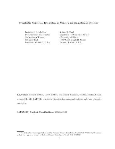 pdf symplectic numerical integrators in constrained hamiltonian systems