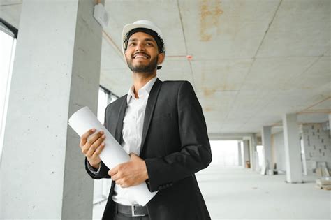Gerente de sitio de construcción indio de pie con casco pensando en el