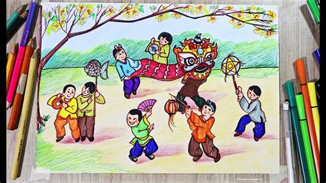 Hướng dẫn vẽ tranh đề tài lễ hội trung thu đơn giản mà đẹp