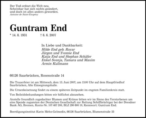 Traueranzeigen Von Guntram End Saarbruecker Zeitung Trauer De