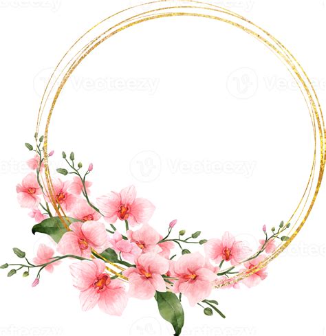 Pink Flowers Watercolor With Geometric Gold Frame 9369494 PNG