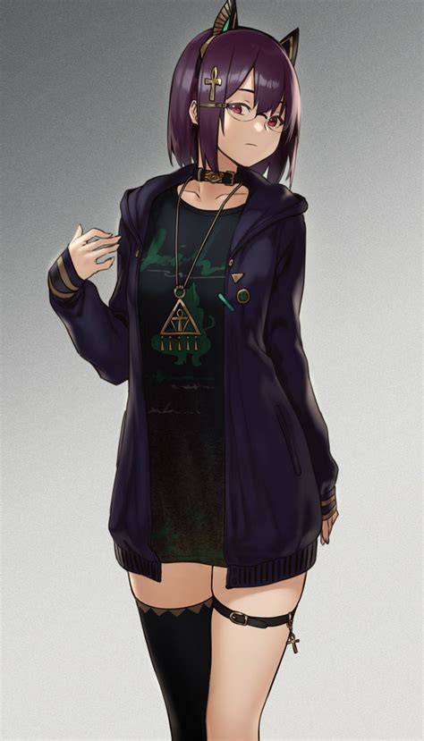 Houtengeki Original Highres 1girl Arm At Side Black Thighhighs Collar Frown Glasses