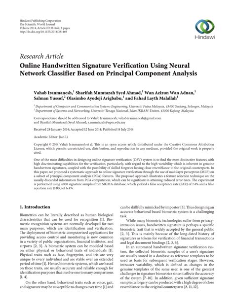 pdf online handwritten signature verification using neural network classifier based on