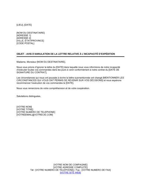 A le MODÈLE DE LETTRE LETTRE D ANNULATION EN