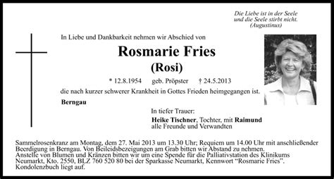 Traueranzeigen Von Rosmarie Fries Trauer Nn De