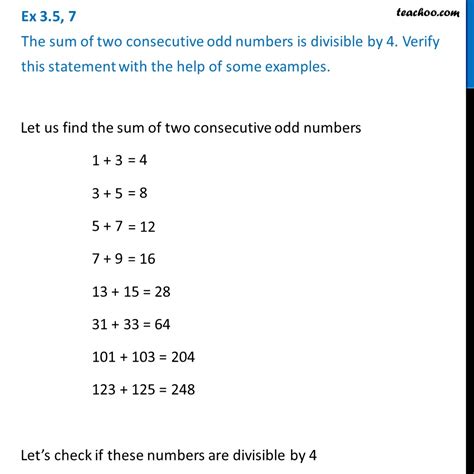 ex 3 5 7 the sum of two consecutive odd numbers is divisible by 4