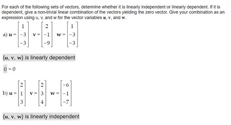 solved for each of the following sets of vectors determine